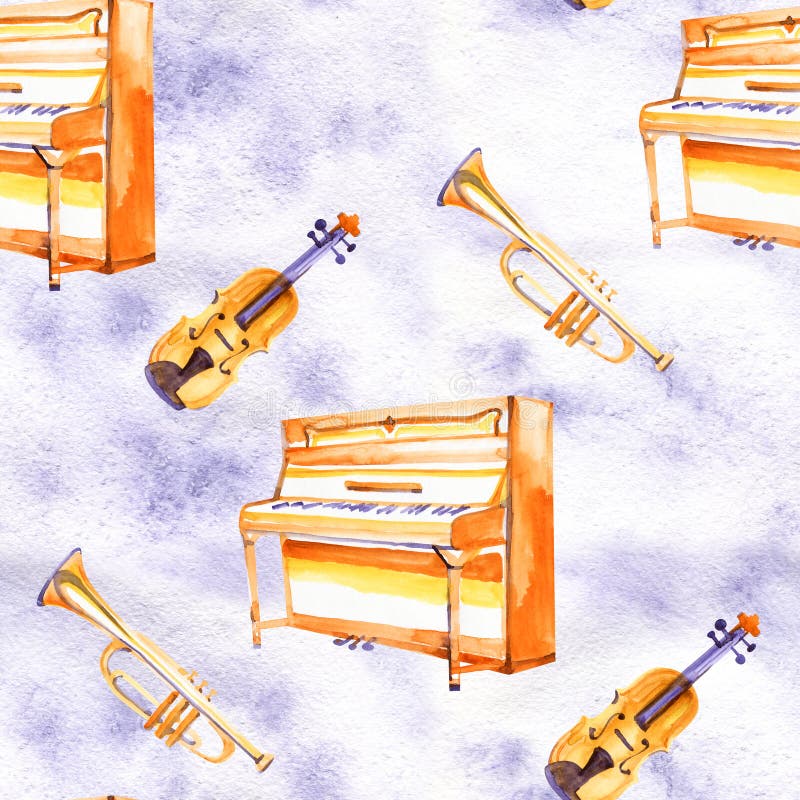A Seamless Pattern with Hand Drawn Music Instruments on a Watercolor ...