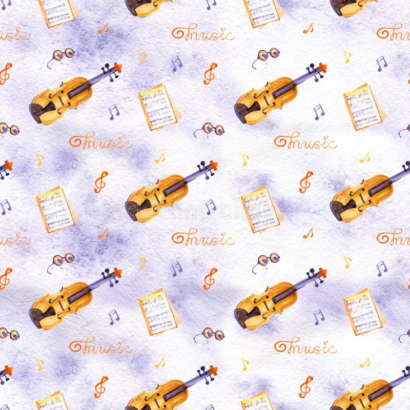 A Seamless Pattern with Hand Drawn Music Instruments on a Watercolor ...