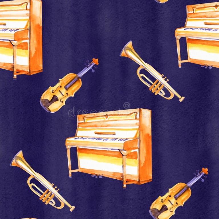 A Seamless Pattern with Hand Drawn Music Instruments on a Watercolor ...