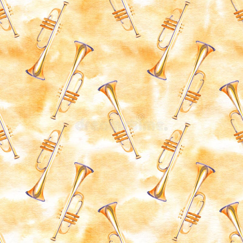 A Seamless Pattern with Hand Drawn Music Instruments on a Watercolor ...