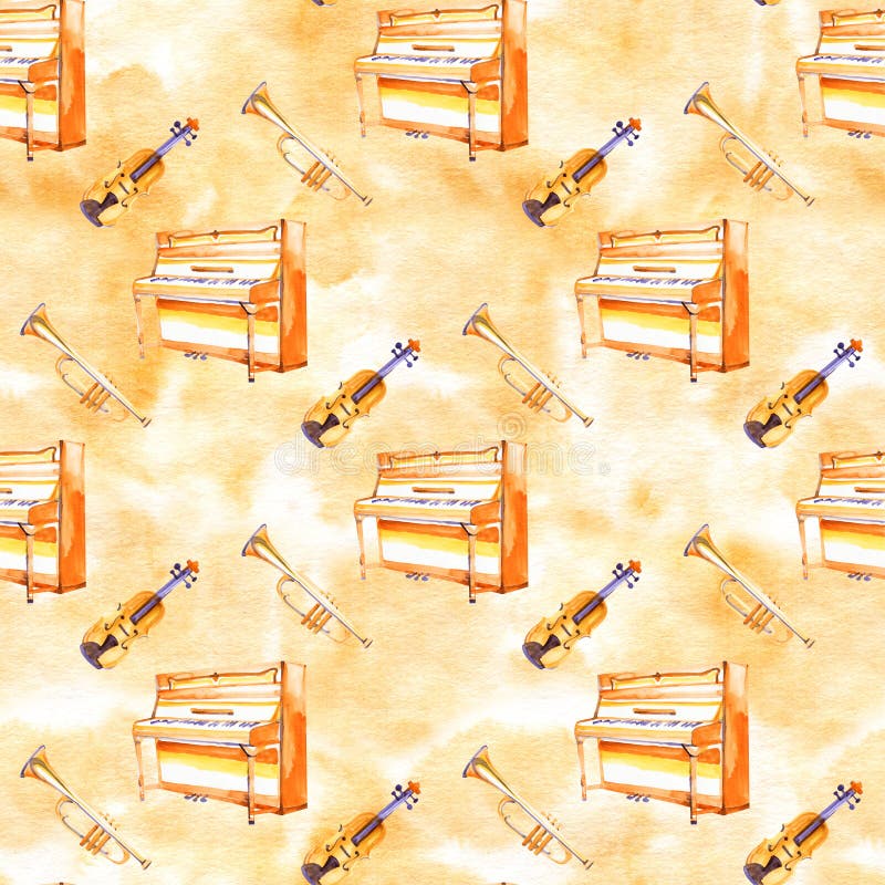 A Seamless Pattern with Hand Drawn Music Instruments on a Watercolor ...