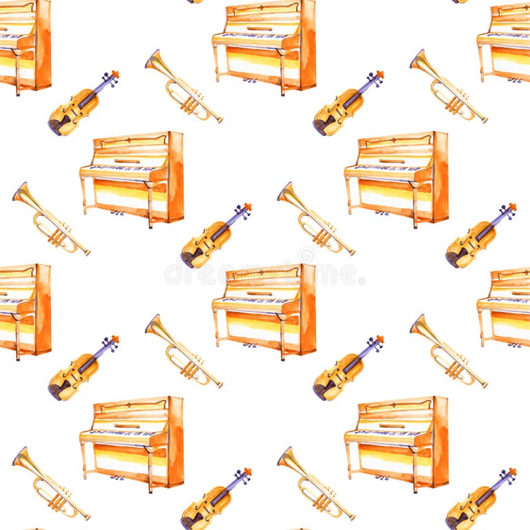 A Seamless Pattern with Hand Drawn Music Instruments on a Watercolor ...
