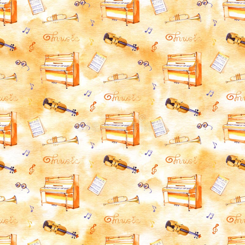 A Seamless Pattern with Hand Drawn Music Instruments on a Watercolor ...