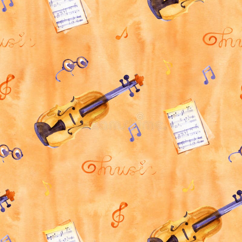 A Seamless Pattern with Hand Drawn Music Instruments on a Watercolor ...