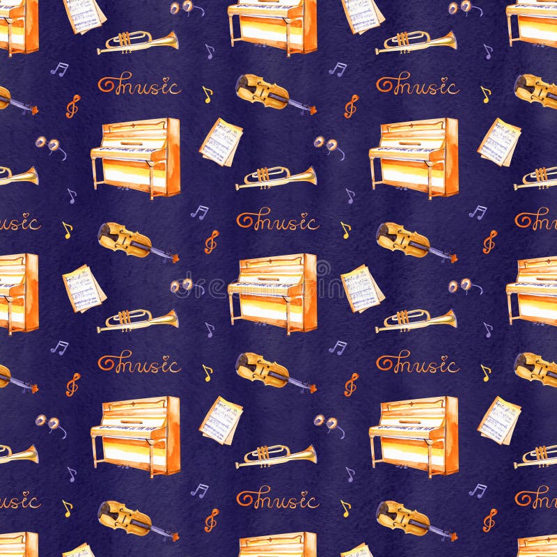 A Seamless Pattern with Hand Drawn Music Instruments on a Watercolor ...