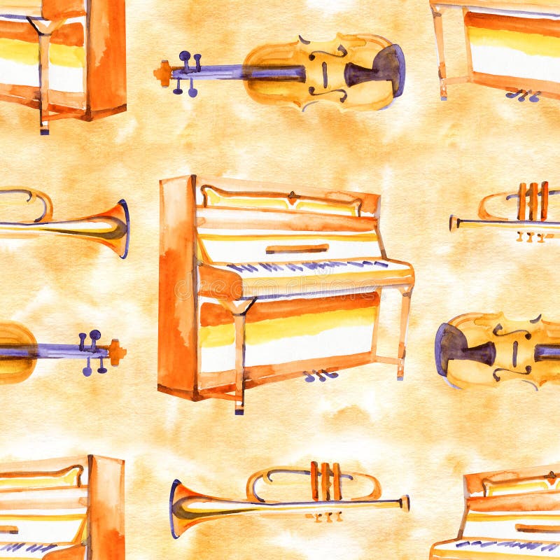 A Seamless Pattern with Hand Drawn Music Instruments on a Watercolor ...