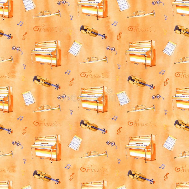 A Seamless Pattern with Hand Drawn Music Instruments on a Watercolor ...