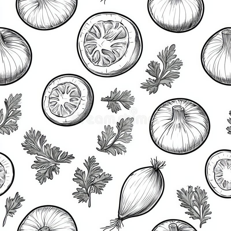 Seamless Pattern of Hand-drawn Onions and Parsley on White Background ...