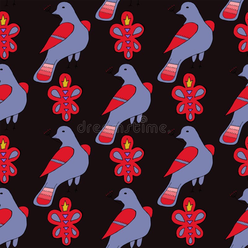 Seamless Pattern with Hand Drawn Flowers and Birds Stock Vector ...