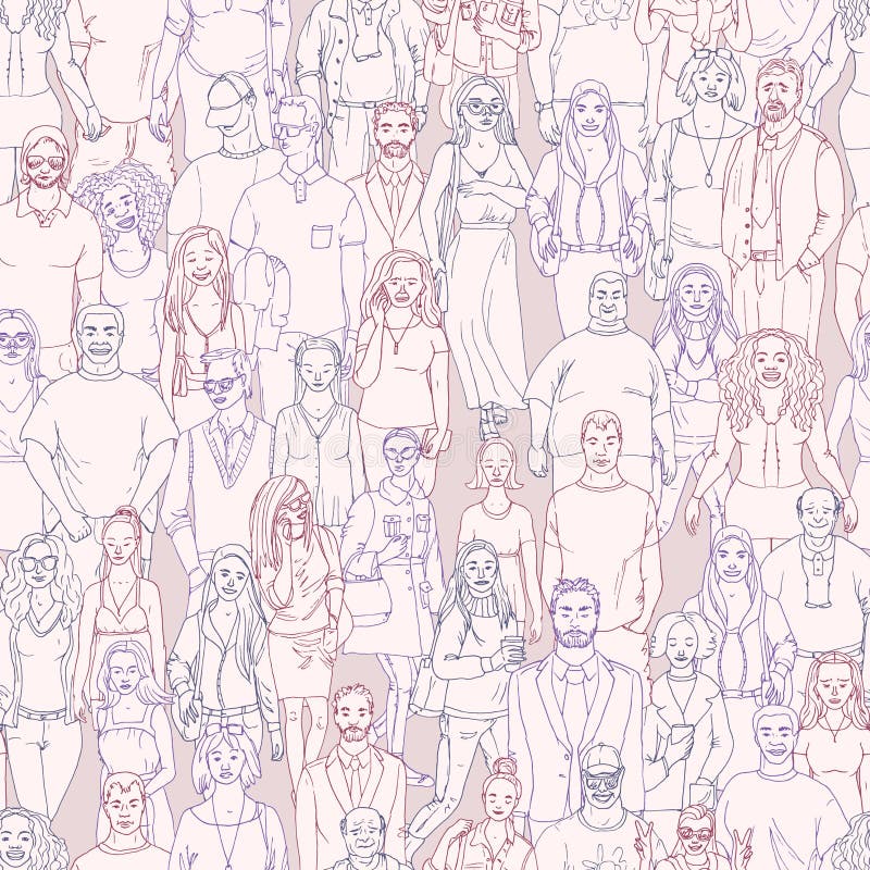 Seamless Pattern of Hand Drawn People Faces. Vector Illustration of ...