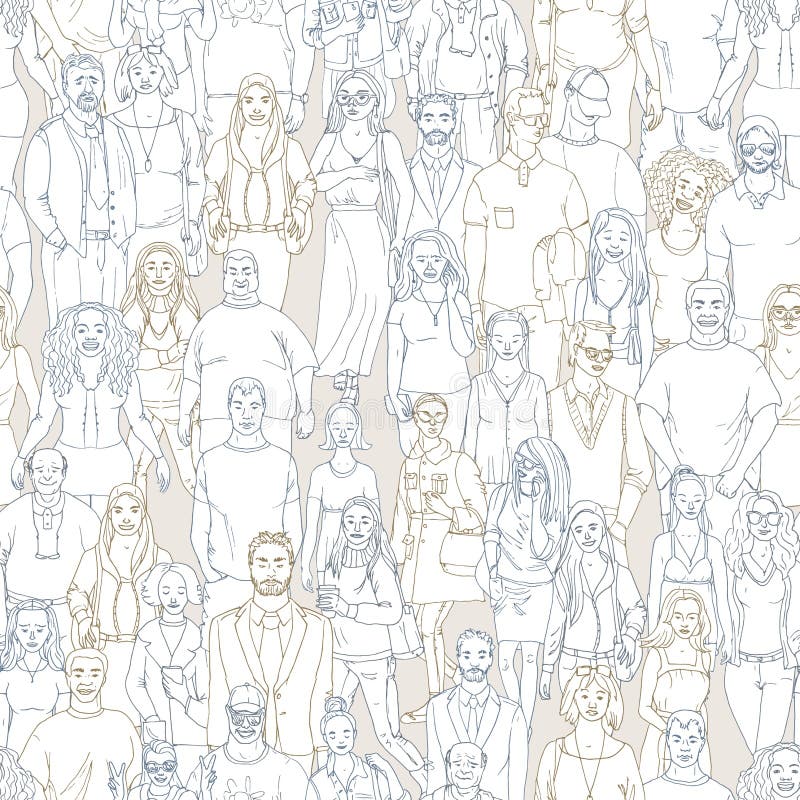 Seamless Pattern of Hand Drawn People Faces. Vector Illustration of ...