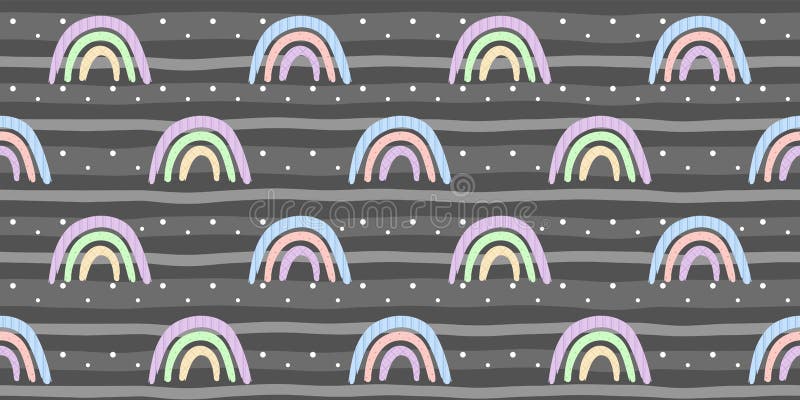 Seamless Pattern with Hand Drawn Rainbow on a Grey Striped Background ...