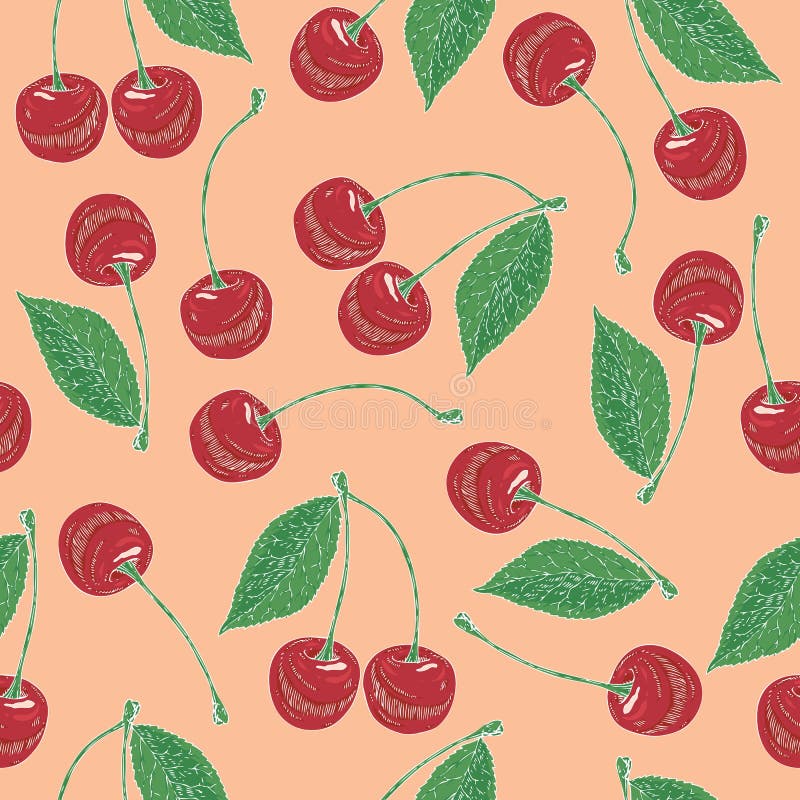 Seamless Pattern with Cherry Stock Vector - Illustration of green ...