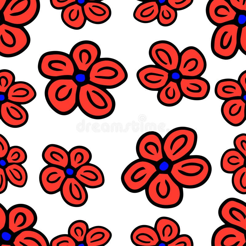 Seamless Pattern of Hand Drawn Red Flower in Doodle Style Stock ...