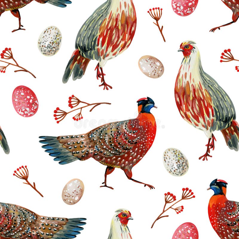 Seamless Pattern with Hand-drawn Red Pheasants, Spotted Eggs and ...