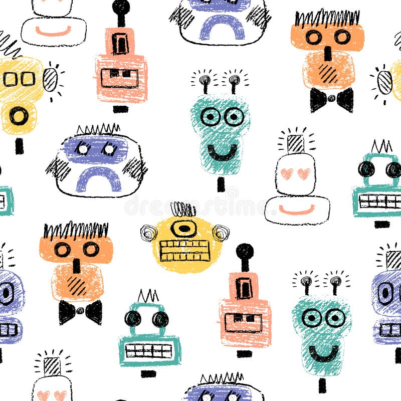 Seamless Pattern with Hand Drawn Robots. Cute Funny Characters, Faces ...