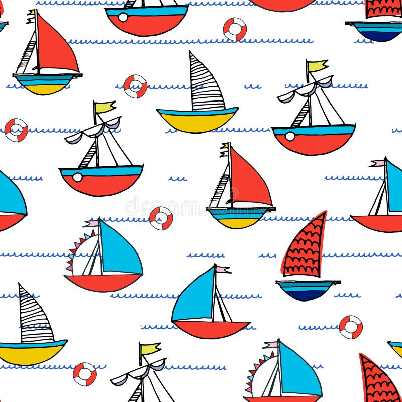 Seamless Pattern with Hand Drawn Sailing Boats for Surface Design and ...