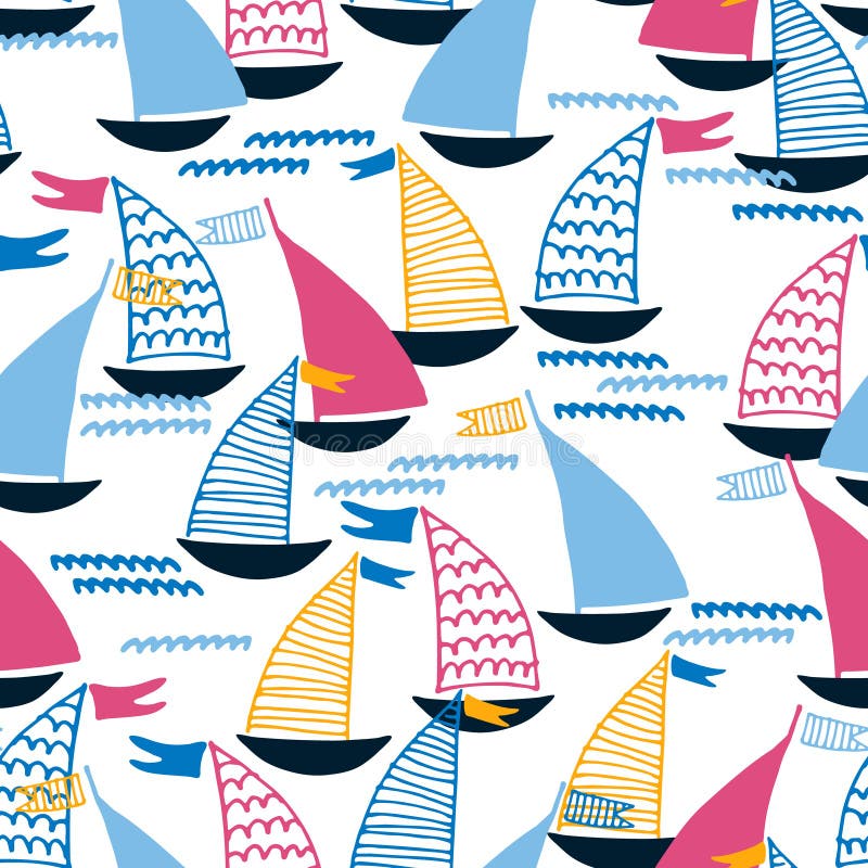 Seamless Pattern with Hand Drawn Sailing Boats and Waves for Surface ...