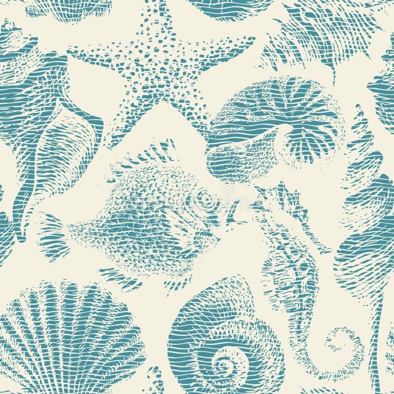 Seamless Pattern with Hand-drawn Sea Animals Stock Illustration ...