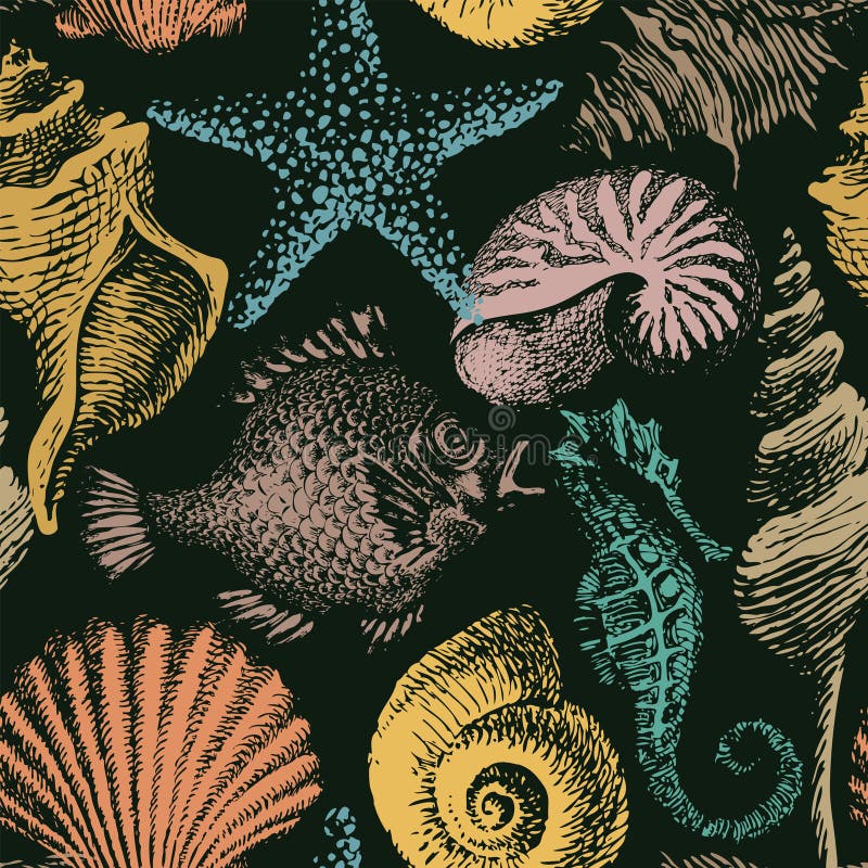 Seamless Pattern with Hand-drawn Sea Animals Stock Illustration ...