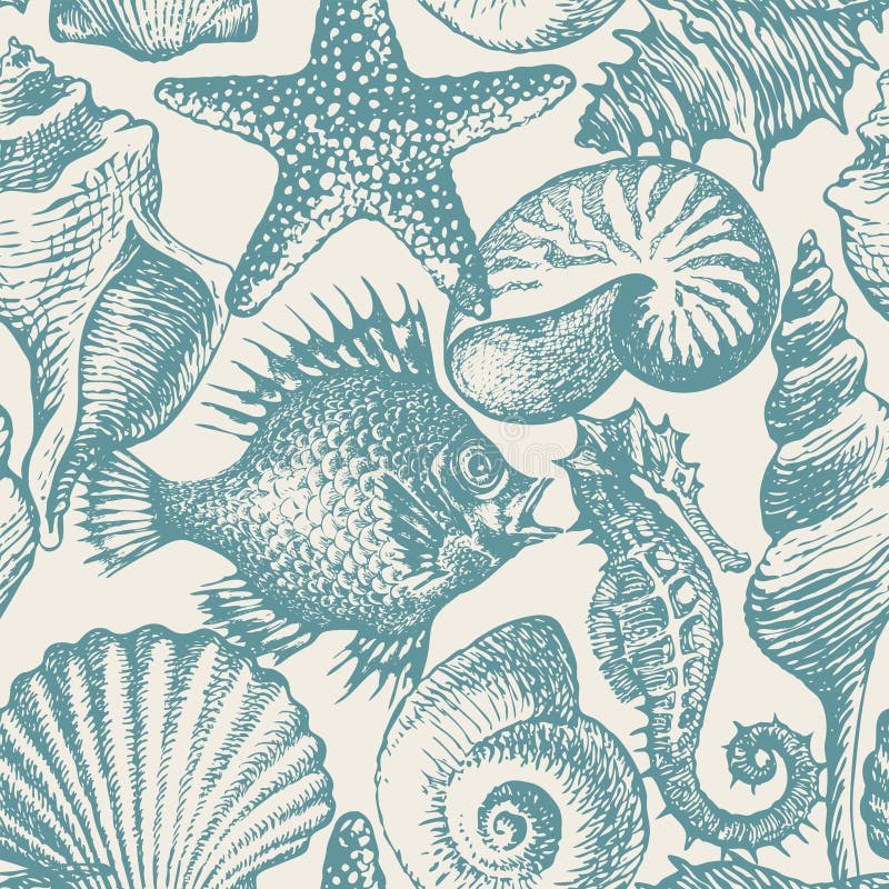 Seamless Pattern with Hand-drawn Sea Animals Stock Vector ...
