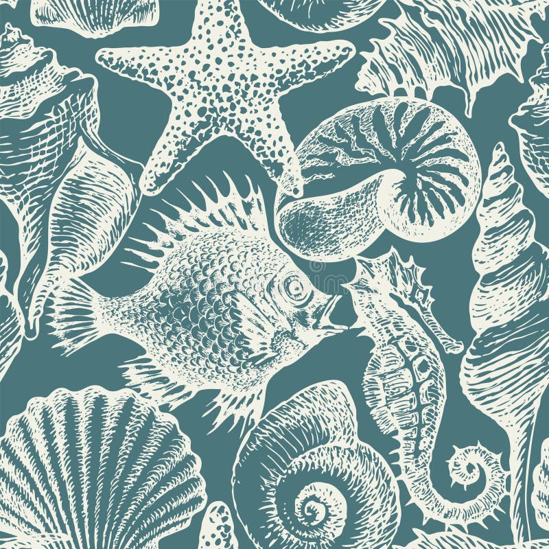 Seamless Pattern with Hand-drawn Sea Animals Stock Illustration ...