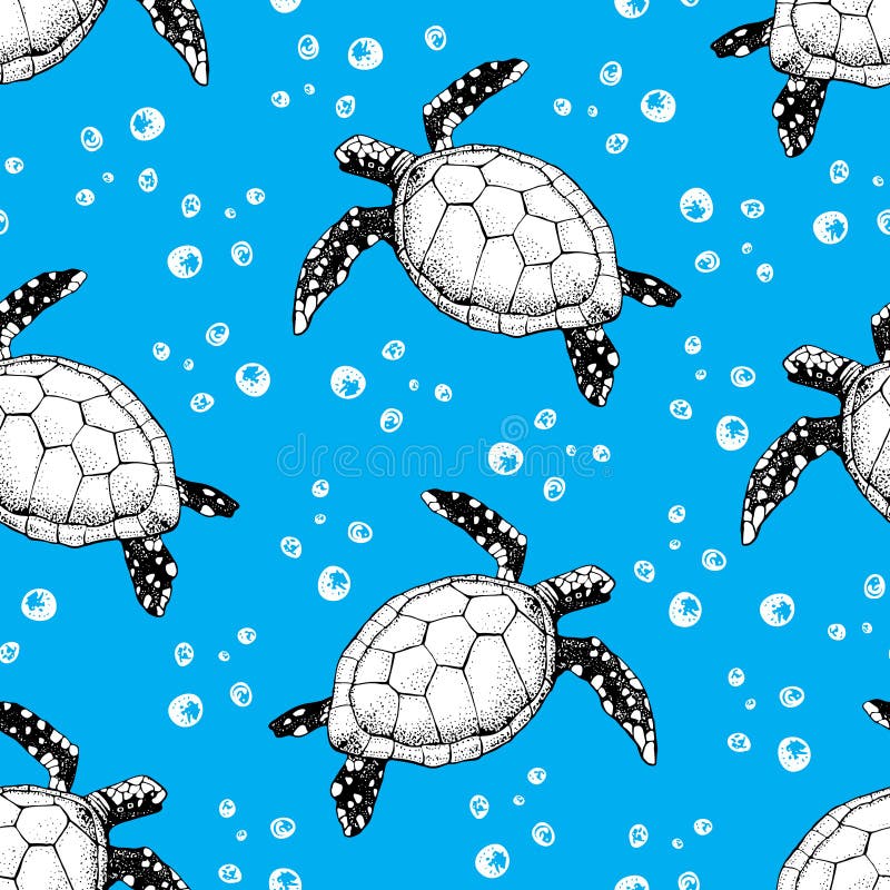 Seamless Pattern with Hand Drawn Sea Turtles. Vector with Animal ...