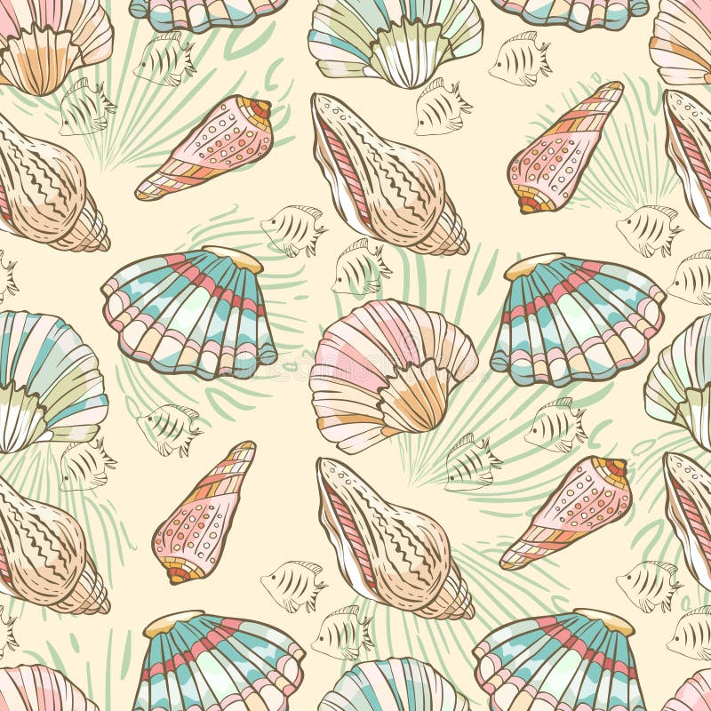 Seamless Pattern with Hand Drawn Shells and Little Fishes on Yellow ...