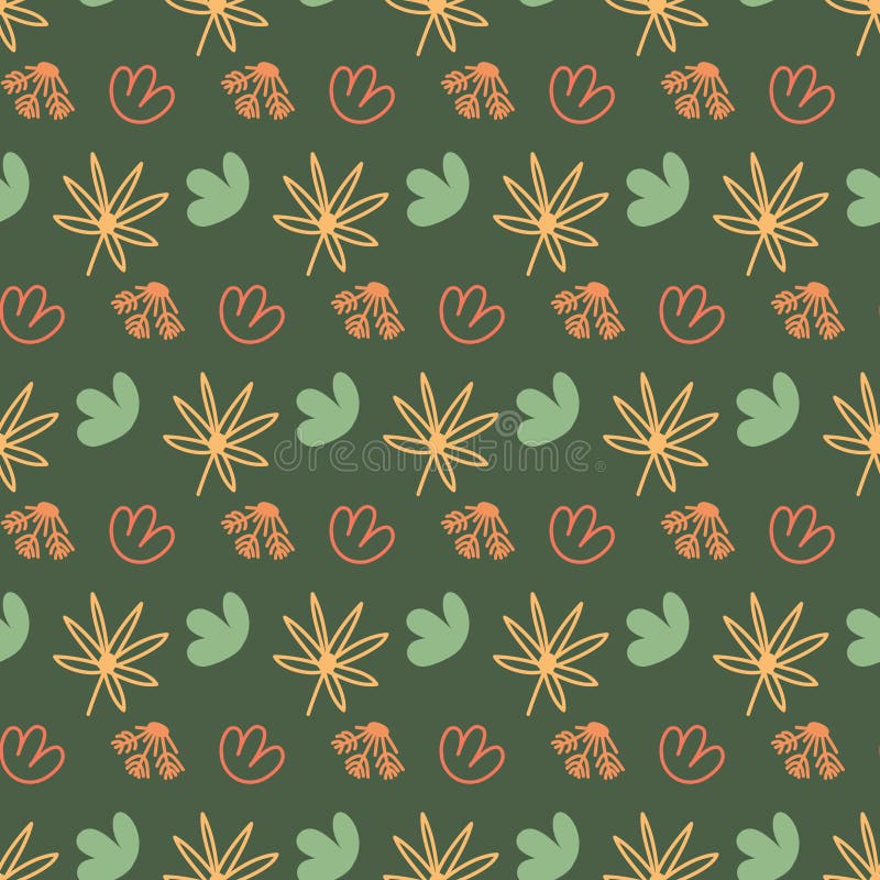 Seamless Pattern Hand Drawn Sprig with Flower on Green Background ...