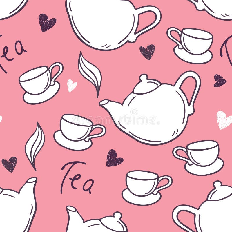 Seamless Pattern With Hand Drawn Tea Cup And Teapot. Doodle Background ...
