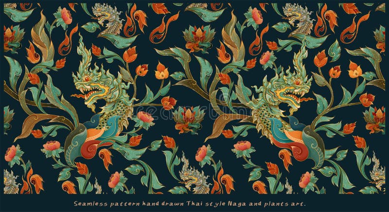 Seamless Pattern Hand Drawn Thai Style Naga and Plants Art Stock ...
