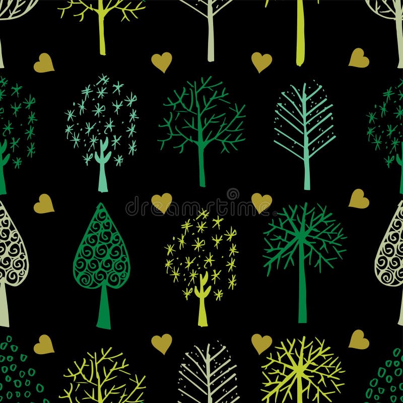 Seamless Pattern with Hand Drawn Trees and Hearts. Stock Vector ...
