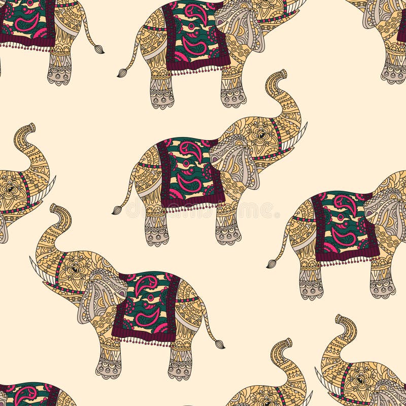 Seamless Pattern with Hand-drawn Tribal Styled Elephant. Stock Vector ...