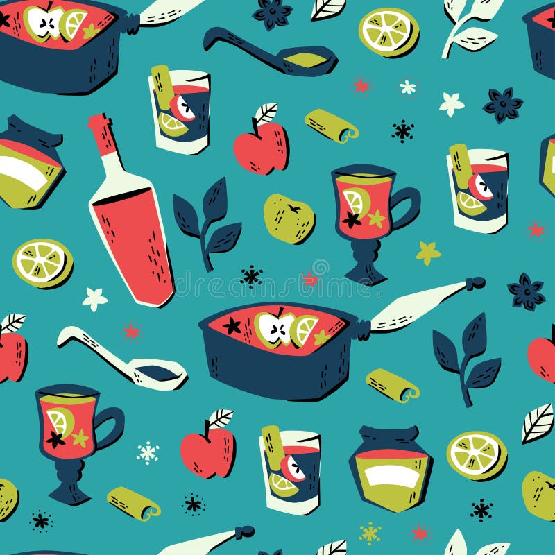 Seamless Pattern with Hand Drawn Vector Elements: Orange Slice, Glass ...