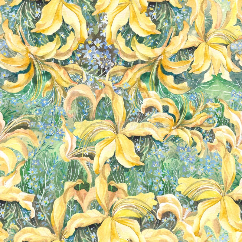 Seamless Pattern Hand Drawn Watercolor Yellow Lilly Textile Backdrop ...