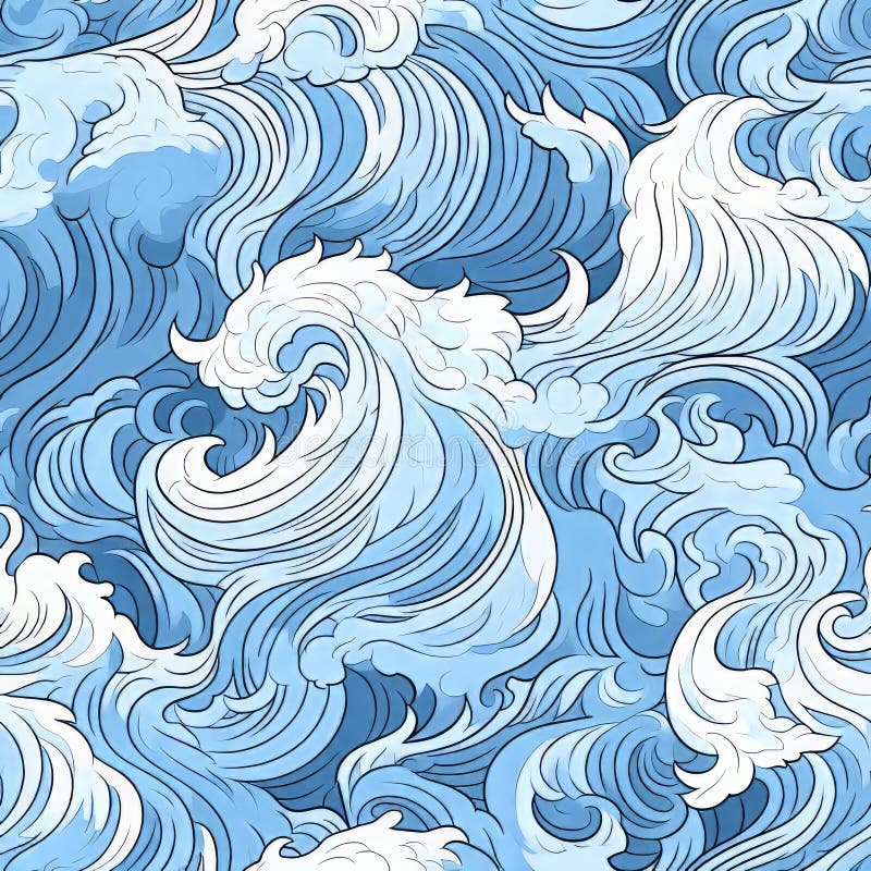 Seamless Pattern Hand Drawn Waves and Curls Backgrounds in Solid White ...