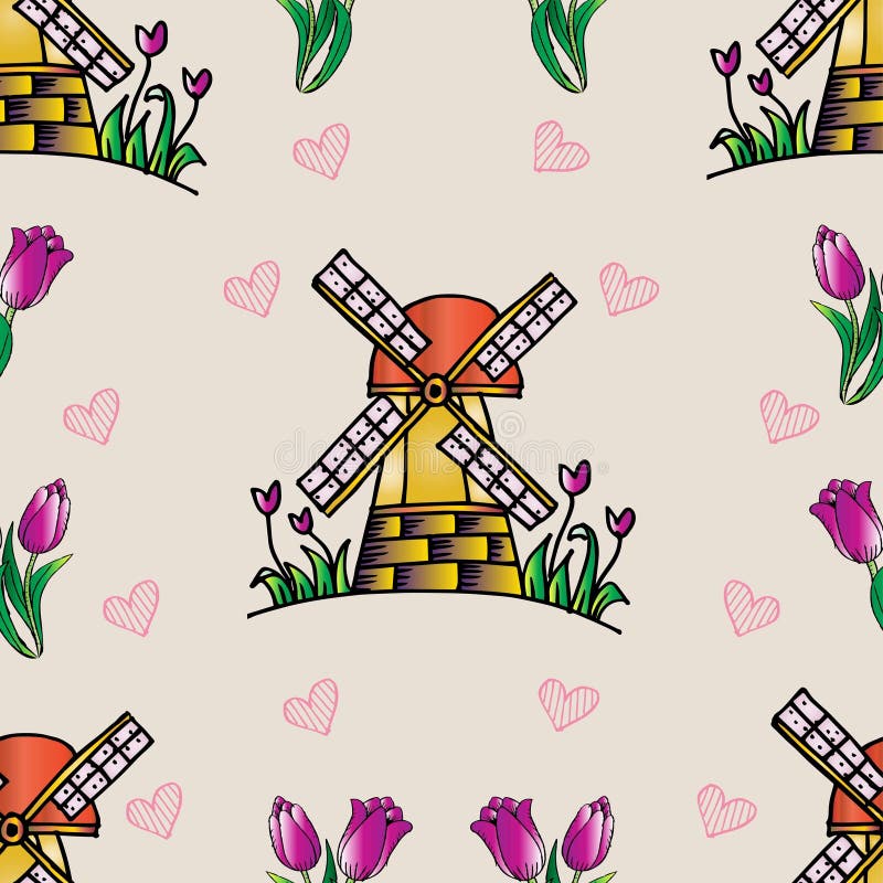 Seamless Pattern with Hand Drawn Windmill, Tulips and Hearts. Stock ...
