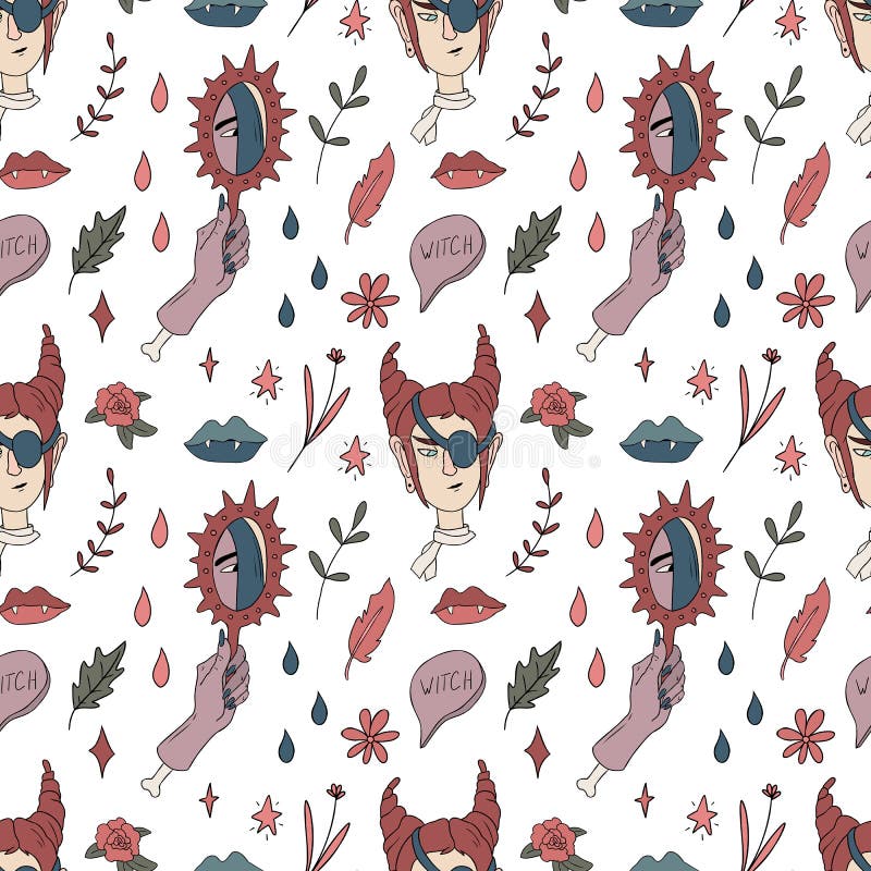Seamless Pattern with Hand Drawn Witch. Cute Design for Halloween ...