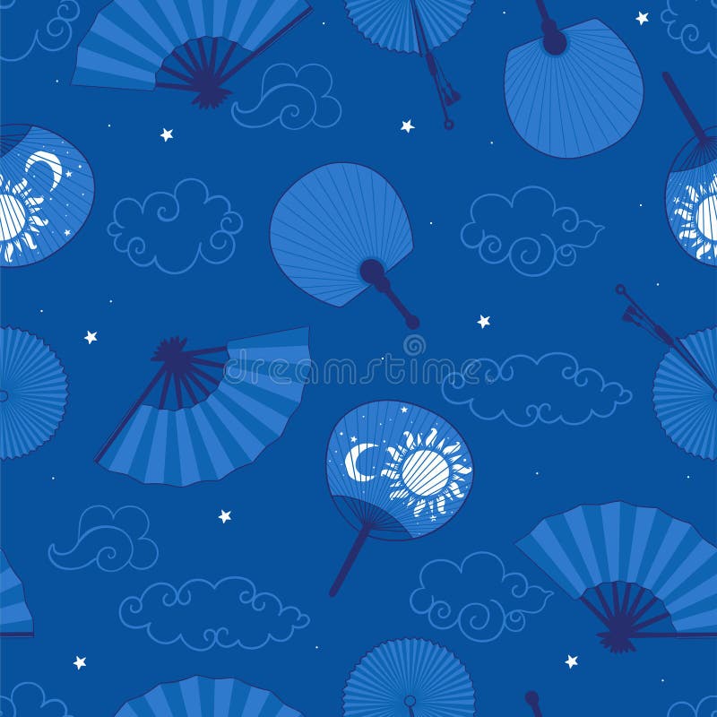 Seamless Pattern with Hand Fans in Blue Colors. Vector Graphics Stock ...