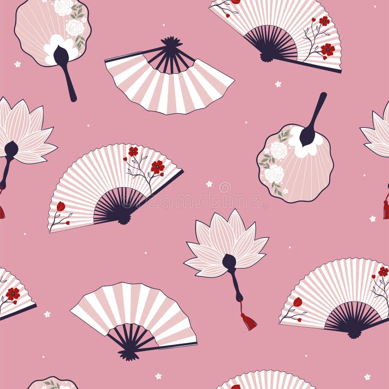 Seamless Pattern with Hand Fans in Pink Colors. Vector Graphics Stock ...