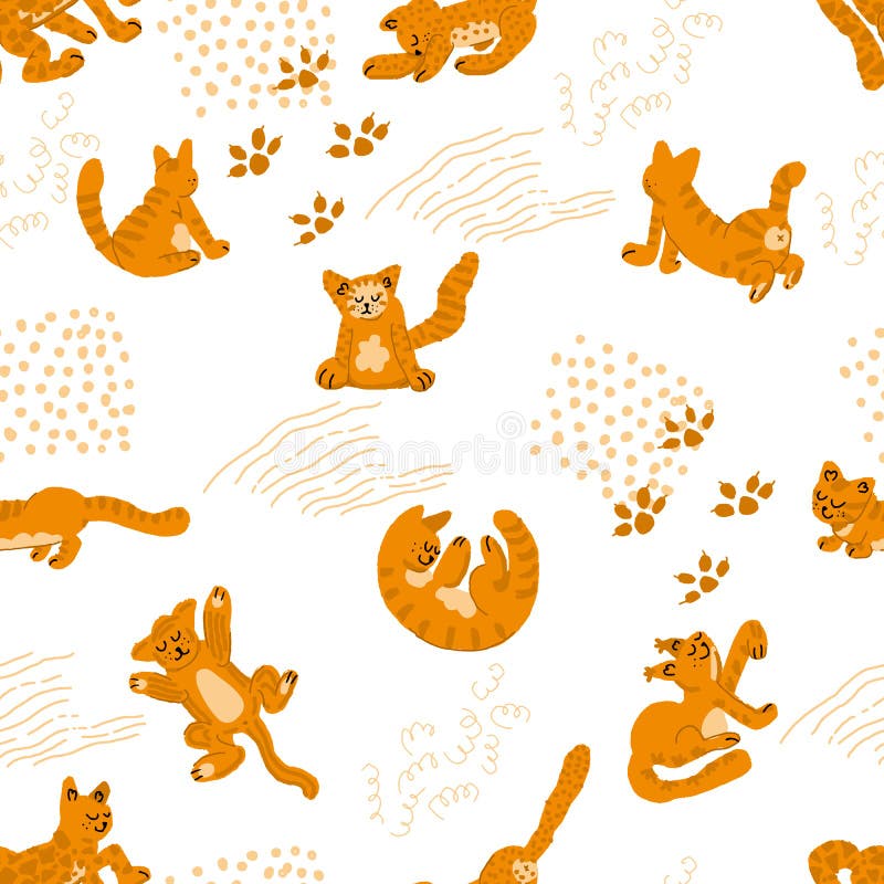 Seamless Pattern with Hand Painted Orange Cats in Different Poses Stock ...