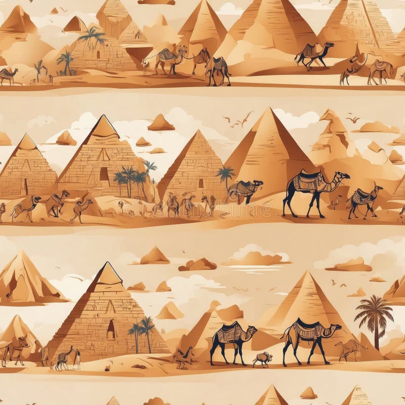 Seamless Pattern of Hand Painted Stylized Egyptian Camels and Pyramids ...