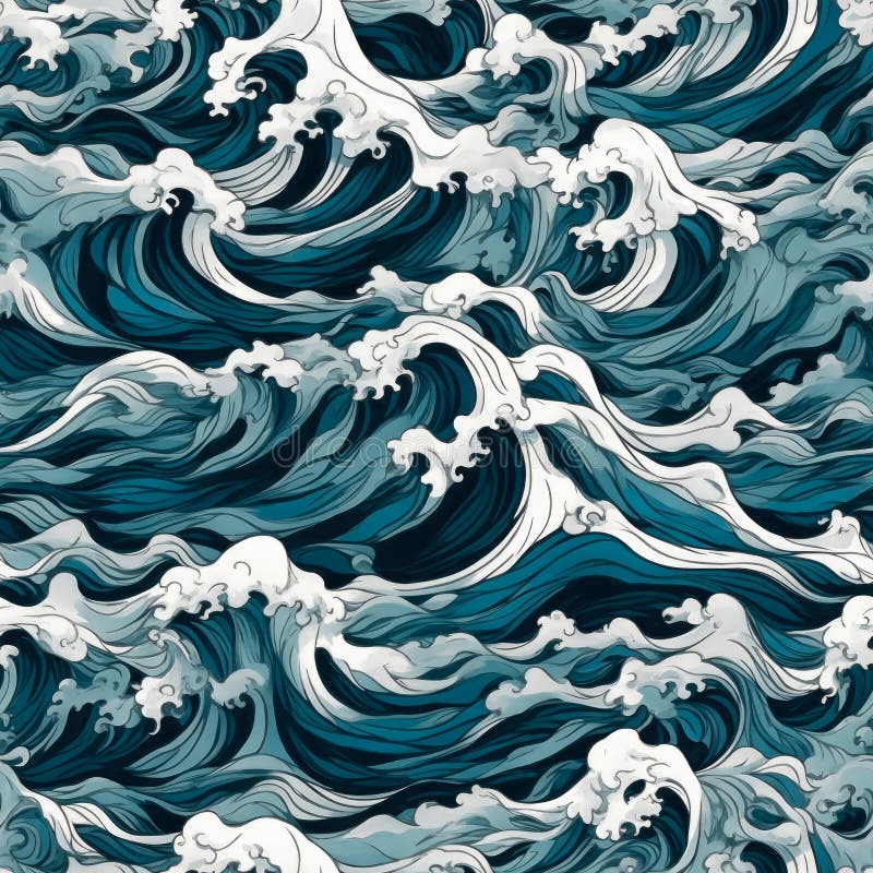 Seamless Pattern of Hand Painted Stylized Sea Waves Stock Illustration ...