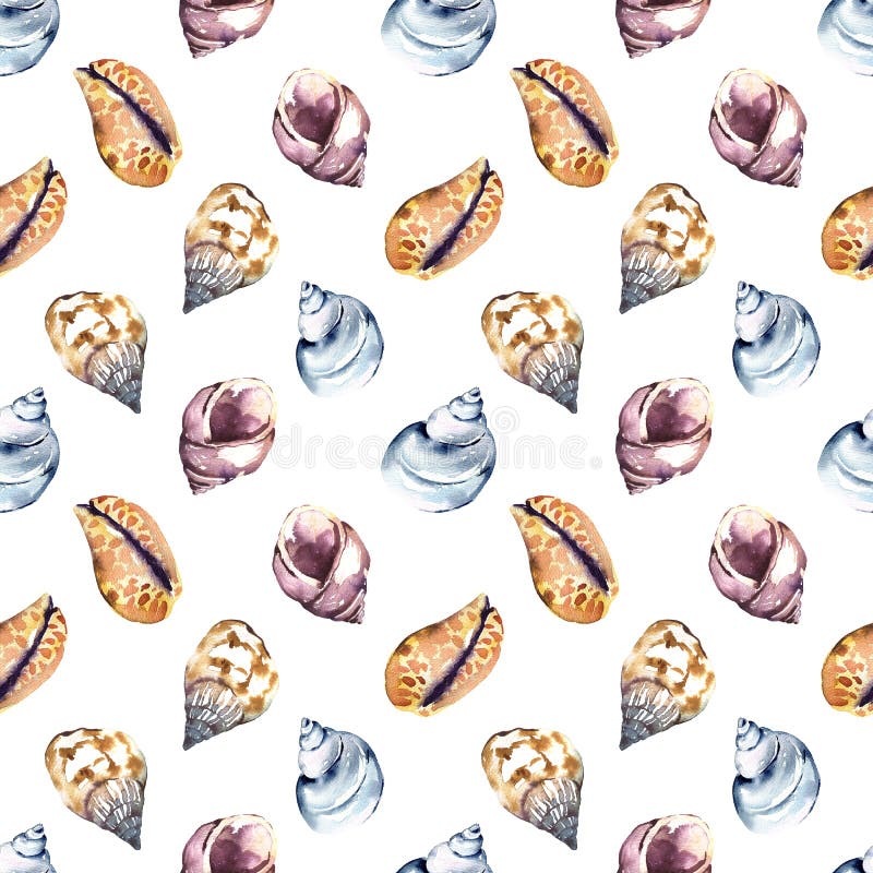 Seamless Pattern with Hand Painted in Watercolor Ocean Shells Isolated ...