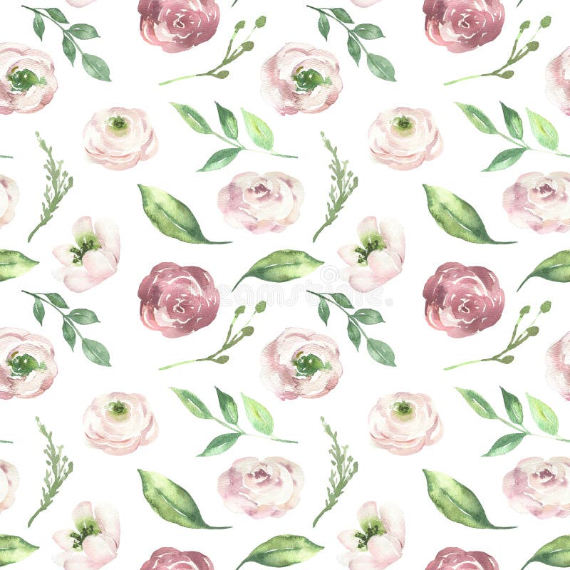 Seamless Pattern with Hand Painted Watercolor Red, Pink Flowers on ...