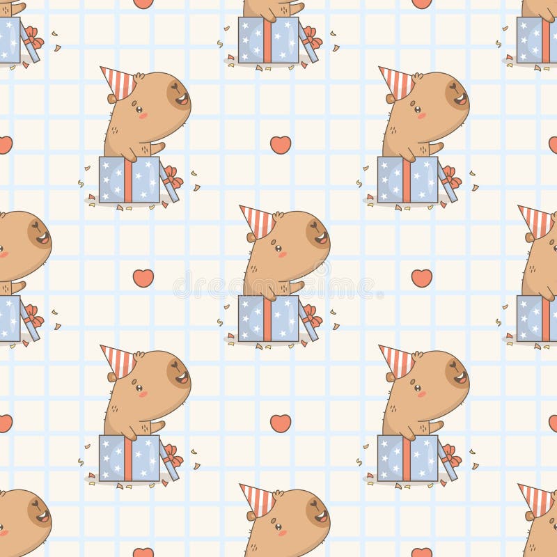 Seamless Pattern Happy Capybara in Birthday Cap in Festive Gift Box on ...