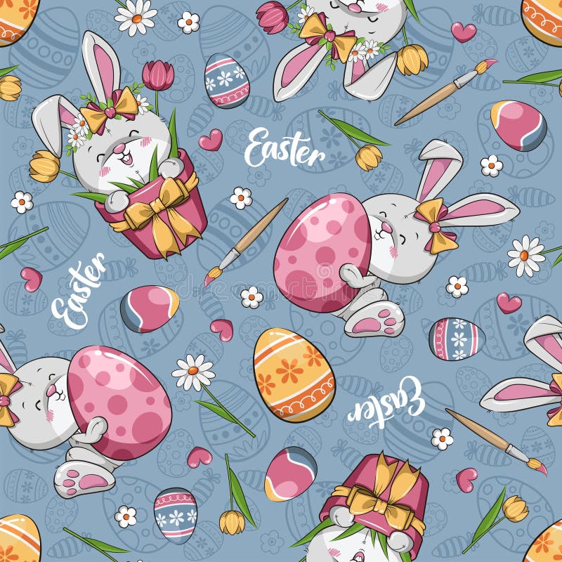 Seamless Pattern Happy Easter with Bunny Rabbit and Easter Eggs on Blue ...