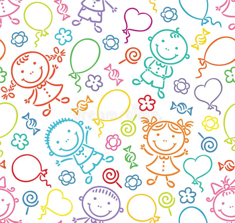 Seamless Pattern with Happy Kids, Balloons, Sweets and Flowers Stock ...