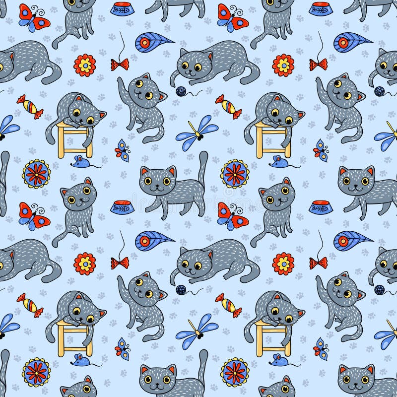 Seamless Pattern with the Happy Playing Grey Cats Stock Vector ...