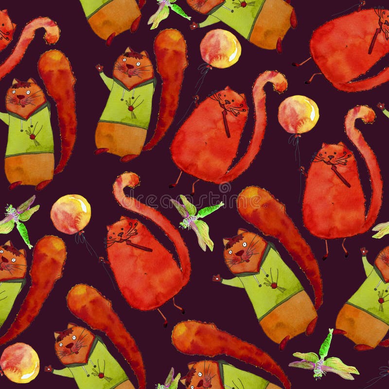 Seamless Pattern of Happy Red Cats Painted in Watercolor on Dark ...
